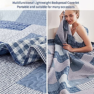 Bedspread Set Queen/Full Size Plaid Quilt Bedding Queen Grey Blue Patchwork Modern Lightweight Quilt Bedspread Home Reversible Coverlet-Soft Polyester 3 Piece Quilt Set Collection