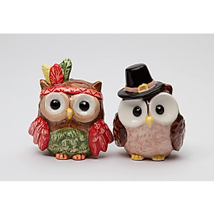 Fine Ceramic Thanksgiving Pilgrim & Native American Indian Owl Salt & Pepper Shakers Set, 2-7/8" H