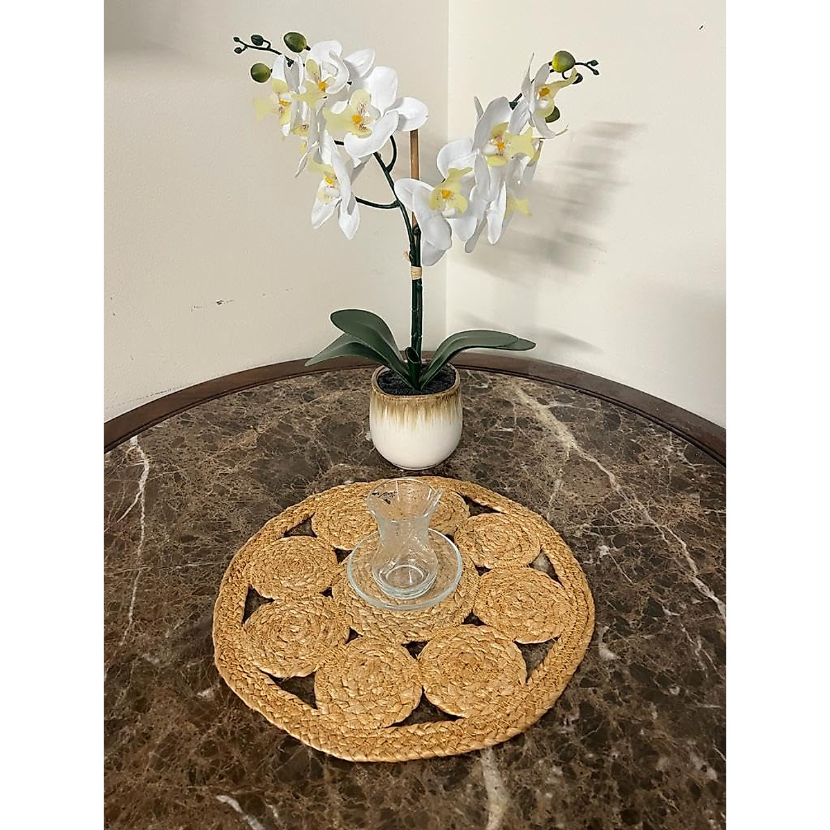 Flower Jute Placemats Set | 100% Natural and Eco-Friendly | Soft & Durable | Round 13" x 13" | Dining Room Table Mat in Natural Jute Color | No Artificial Color (6)