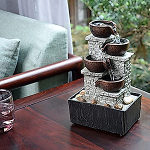 Kalona 4-Tier Cascading Bowl Fountains Indoor Waterfall Fountain Relaxation/Meditation Tabletop Fountain Artistic Peaceful Desk Fountains with Reflective Lighting/Rocks Home/Office Decoration(21132B)