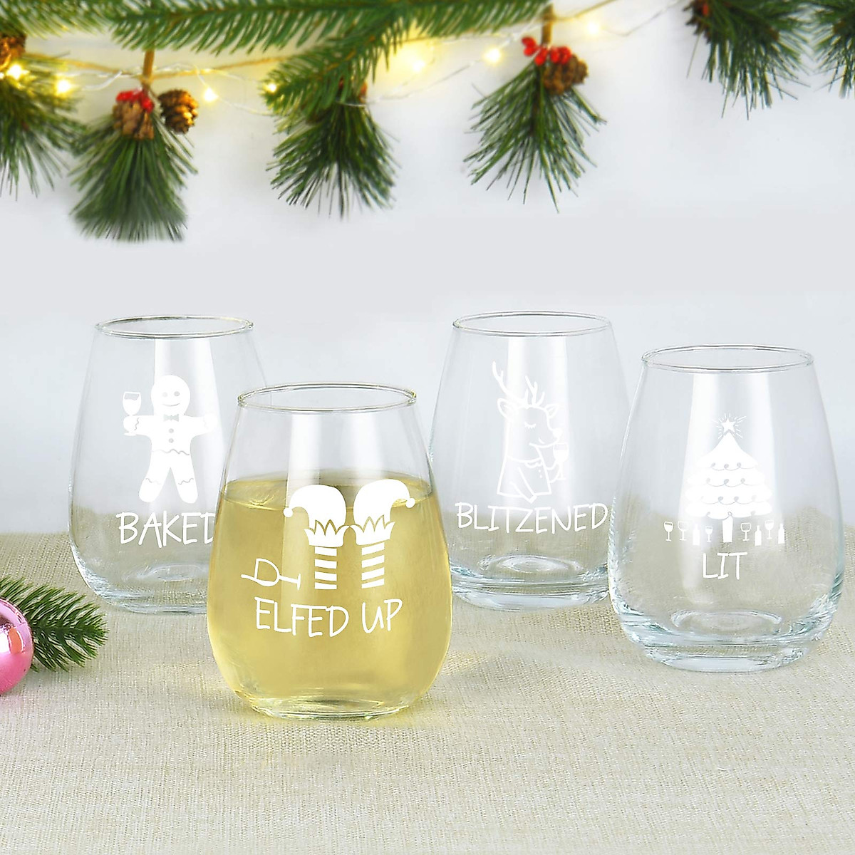 Set of 4 Christmas Stemless Wine Glass - Funny Christmas Themed Wine Glass for Holiday Party Decorative - Unique Christmas Gifts for Family Friends Coworkers or Daily Use 15 Oz
