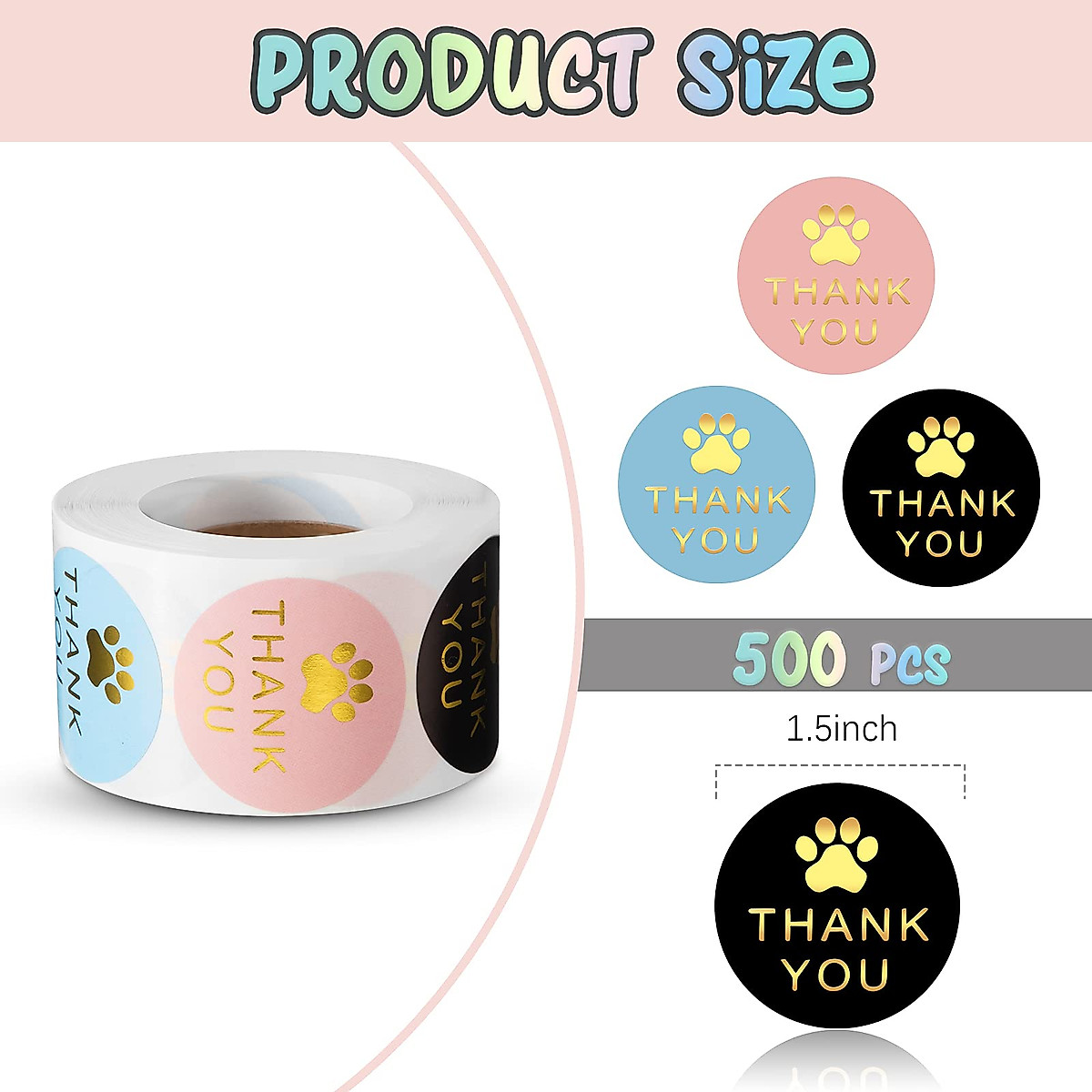 500 Pieces Paw Print Thank You Labels Stickers 1.5 Inch Round Dog Paw Print Stickers Gold Foil Thank You Labels Small Business Stickers Self-Adhesive Appreciation for Bags Cards Package Party
