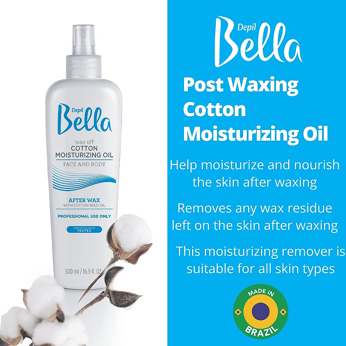 Depil Bella Skin Care Products, Two Pack, Pre Waxing Astringent Lotion (500 ml), Post Waxing - Oil Moisturizing Remover (500 ml).