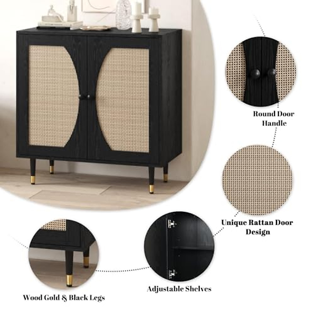 Black Buffet Sideboard Cabinet, Rattan Sideboard with Natural Rattan Doors, Black Rattan Console Table with Storage, Modern Accent Buffet Cabinet with Adjustable Shelves for Living Dining Room