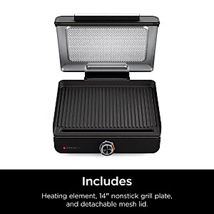 Ninja GR100 Sizzle Smokeless Indoor Grill with Nonstick Grill Plate, Dishwasher-Safe Removable Mesh Lid, 500F Max Heat, Even Edge-to-Edge Cooking, Black (Renewed)