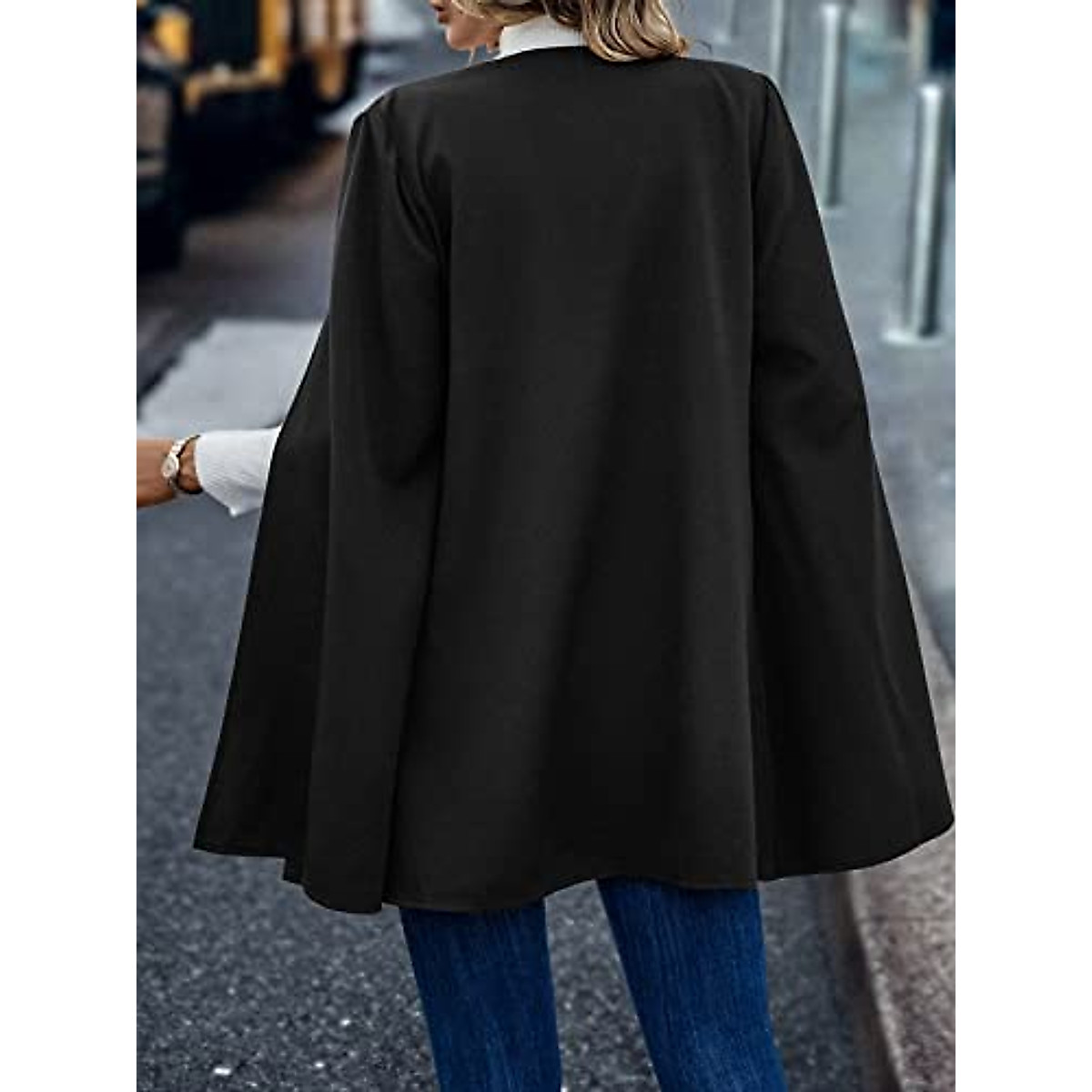 WDIRARA Women's Cape Blazer Cloak Split Sleeve Open Front Jacket Work Business Casual Blazer Solid Cape Coats Black M