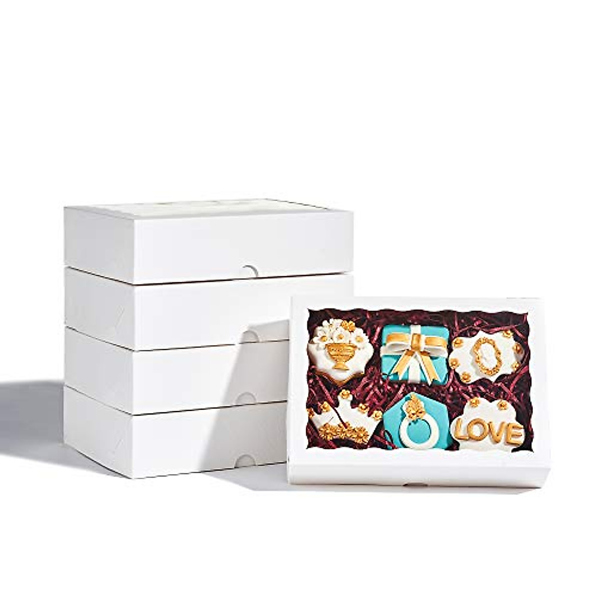 JCXGRVC 4PCS 10 x 7 x 2.5 inches Elegant Cookies Boxes, Strawberries Boxes with Display Window, White Paper Box