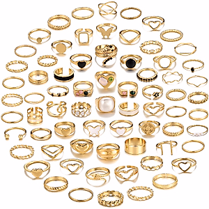 Dodder 70 Pcs Vintage Gold Knuckle Rings Set for Women, Boho Crystal Finger Rings Aesthetic Heart Chunky Ring, Silver Stackable Midi Rings Pack for Gift