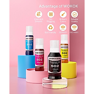 WOKOK Compatible Refill Ink Bottles for 502 T502 T502520-S Use with Printer ET-2000 ET-2750 2760 2850 3700 3710 3750 3760 3830 3850 4750 4760 15000etc. (Black,Cyan,Magenta,Yellow) Not Sublimation Ink