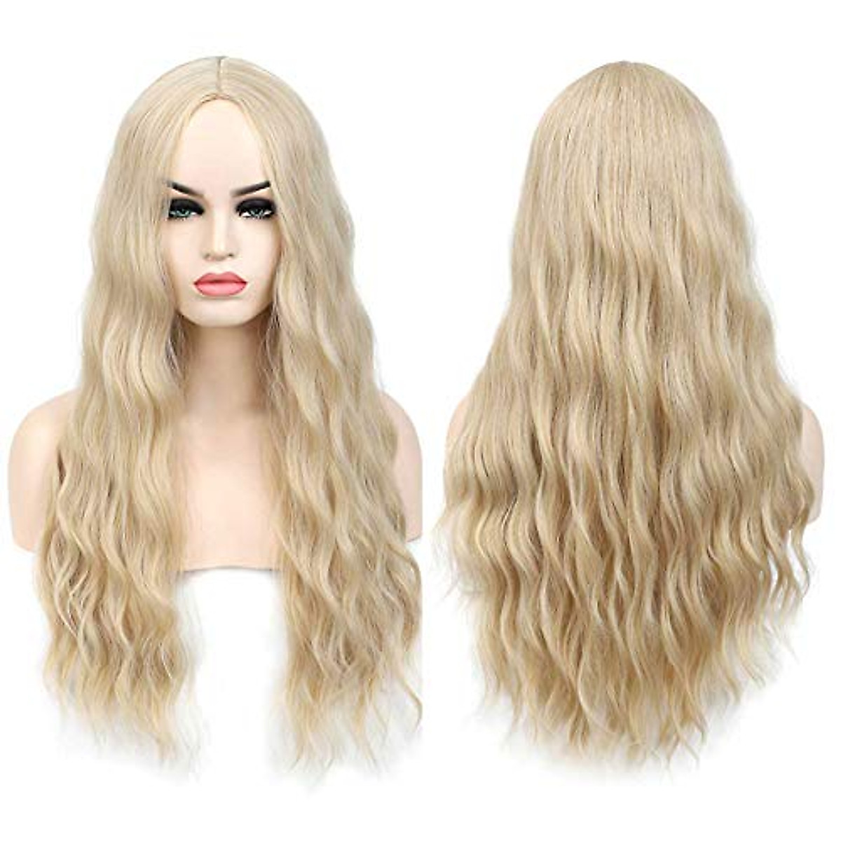 SHINYSHOW 26 inches Blond 613 long Wavy Wig Middle Part Synthetic Halloween Party Cosplay Wig for Women Blonde Wig