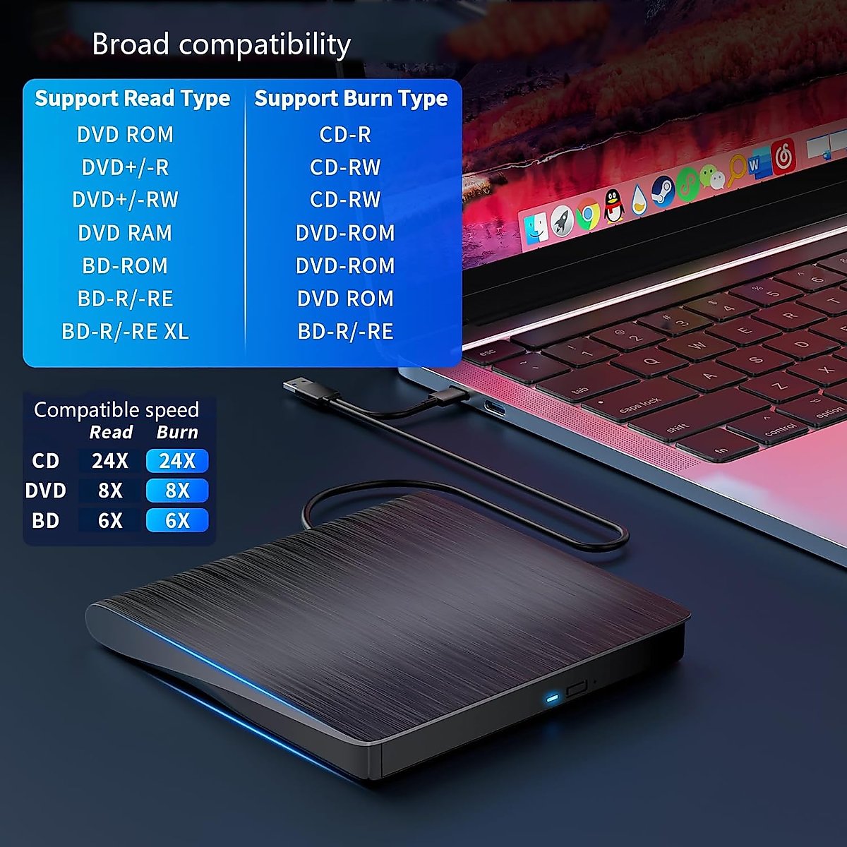 Dainty External Compatible with Bluray Drive Compatible with Reading DVD CD BD Drive, Suitable for USB3.0 and Type-C Port, Windows XP/7/8/10/11MacOS PC, Silent and high Speed