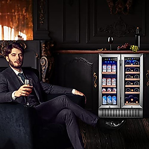 AAOBOSI 24 Inch Wine and Beverage Refrigerator - 19 Bottles & 57 Cans Capacity Wine Cooler with Dual Zone - Wine Fridge Built in Counter or Freestanding - 2 Safety Locks and Blue Interior Light