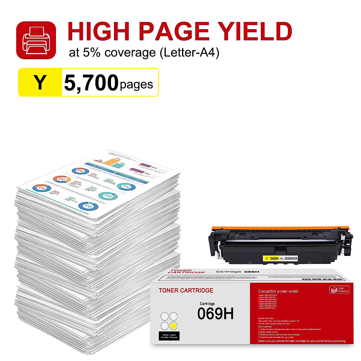 1 Pack 069H 5095C001 Yellow Toner Cartridge 069H 5095C001 Compatible 5095C001 Replacement for Canon imageCLASS LBP673Cdw LBP674Cx LBP674Cdw MF752Cdw MF753Cdw MF751Cdw MF756Cx Printer