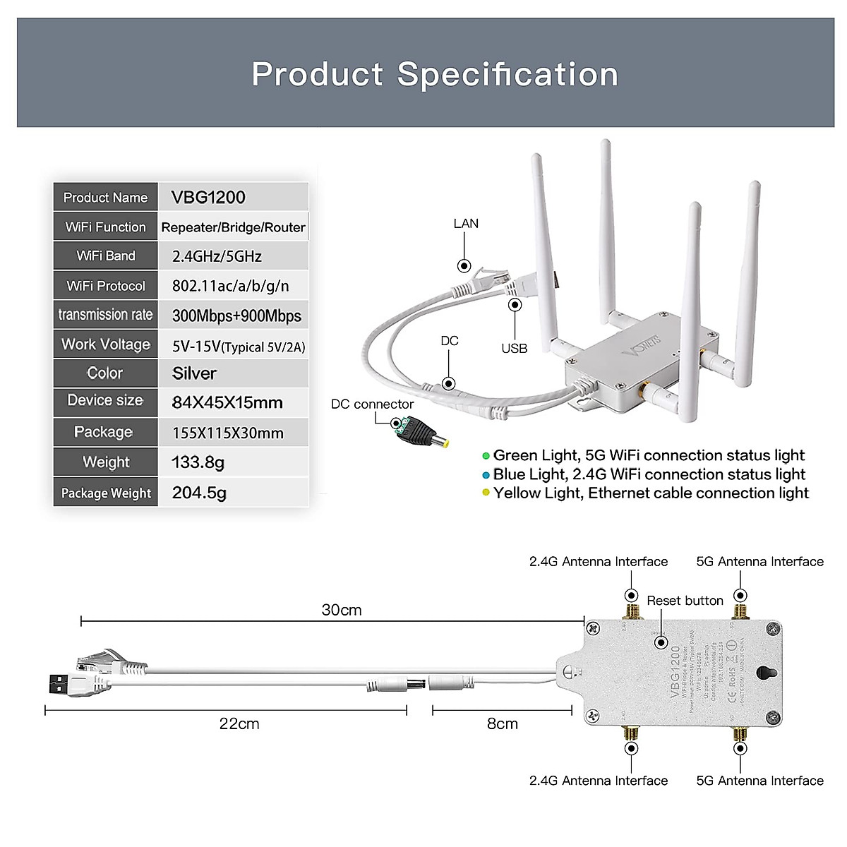 Vonets VBG1200 2.4GHz/5GHz Mini WiFi Bridge Ethernet/Wireless Repeater/Router/WiFi Signal Range Extender Industrial Powered by DC/USB with 1 RJ45 Male for DVR IP Camera