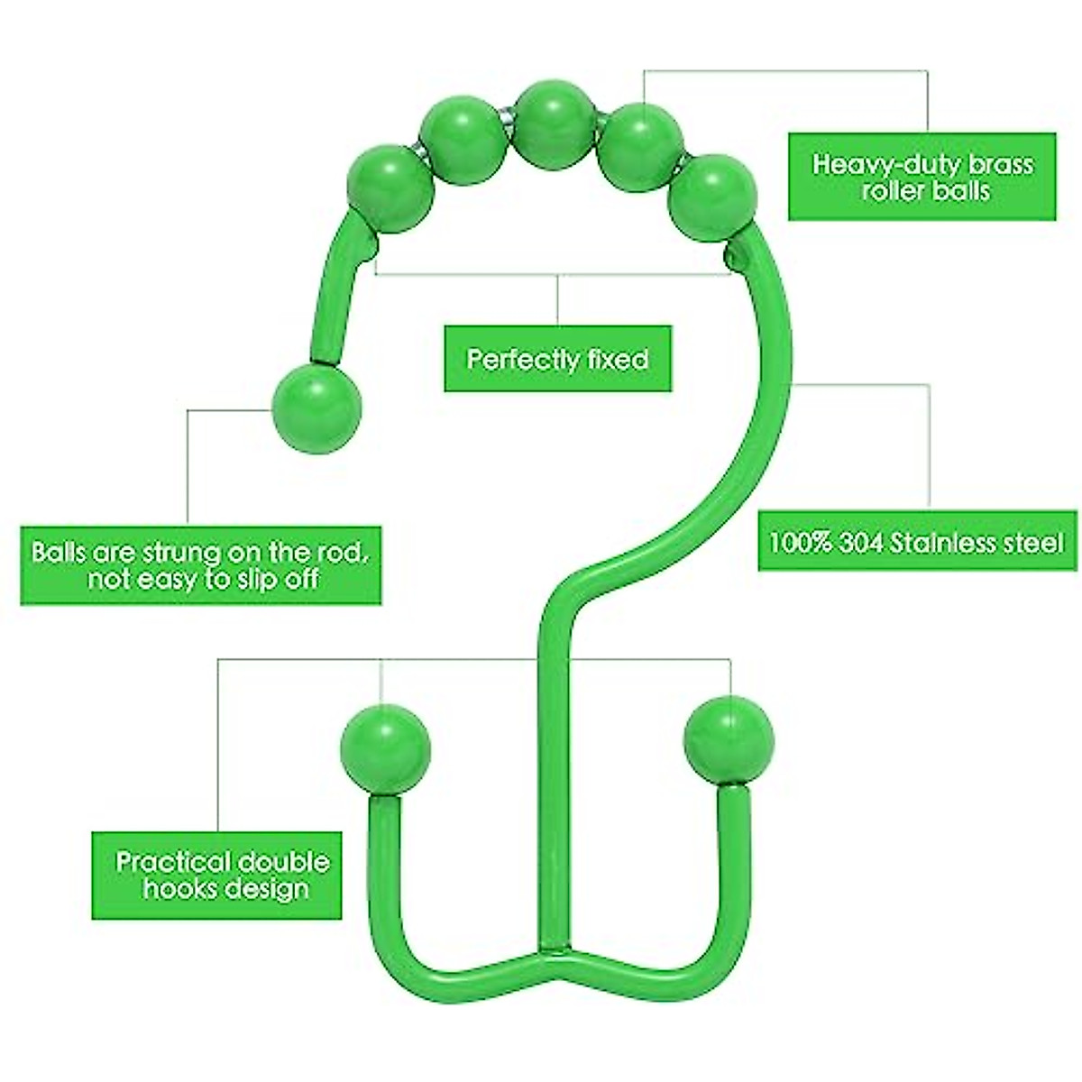 Qazvmlp Shower Curtain Hooks,304 Stainless Steel Shower Rings for Bathroom,Double Glide Shower Hooks for Bathroom Shower Curtain Rods Curtains,Set of 12 Hooks,Fluorescent Green（Style A）