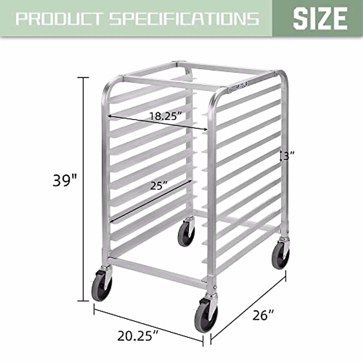 HALLY SINKS & TABLES H Bun Pan Rack 10 Tier with Wheels, Commercial Bakery Racking of Aluminum for Full & Half Sheet - Kitchen, Restaurant, Cafeteria, Pizzeria, Hotel and Home, 26" L x 20" W x 38" H