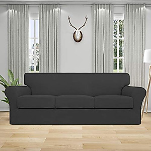 Easy-Going Couch Cover, Stretch Sofa Cover with 3 Cushion Covers, Washable Spandex Jacquard Fabric, Elastic Furniture Protector for Pets, Kid (Large, Dark Gray)