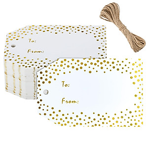 Anwyll Foil Gold Name Gift Tags,to and from Gift Tags,50 Pcs Metallic Gold Confetti Polka Dots Gift Bags Tags with String,Personalized Paper Gift Labels for Gift Bags,Party,Bridal Shower,Wedding Favor