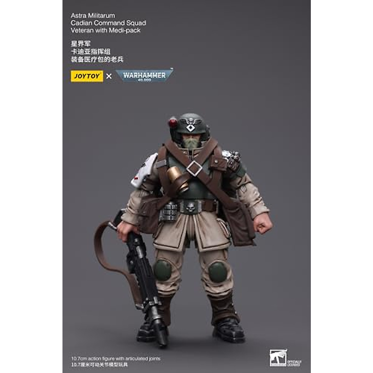 JoyToy Warhammer 40K: Astra Militarum Cadian Command Squad Veteran with Medi-Pack 1:18 Scale Figure