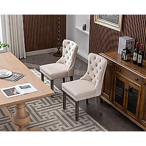 KCC Velvet Dining Chairs Set of 2 (Renewed), Upholstered High-end Tufted Dining Room Chair with Nailhead Back Ring Pull Trim Solid Wood Legs, Nikki Collection Modern Style for Kitchen, Beige