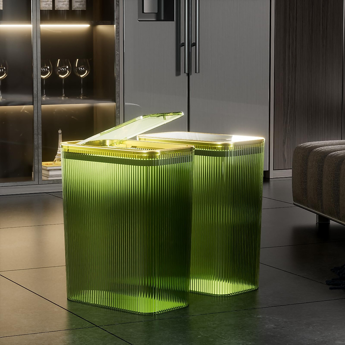 2 Pack Bathroom Trash Can with Lid, 2.6 Gallon Small Garbage Can with Pop-Up Lid Stylish Clear Waste Basket, Plastic Slim Trash Bin Dog Proof, Green Bedroom Trash Can, Small Bathroom Trash Can