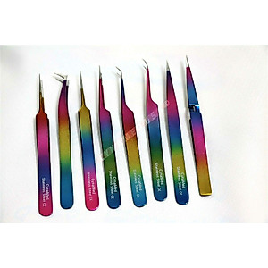 Cynamed -Set of 8 pcs High Precision Multi Rainbow Color German Stainless Steel 3D 5D 6D Volume False Eyelash Extension Tweezers
