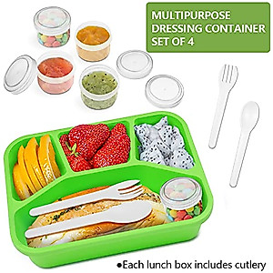 4 Pack Bento Lunch Box, 4-Compartment Meal Prep Containers, Reusable Leakproof Lunch Box Set with Salad Dressing Cups & Tableware, Microwave Safe Food Storage Containers for Work, Travel, Picnic