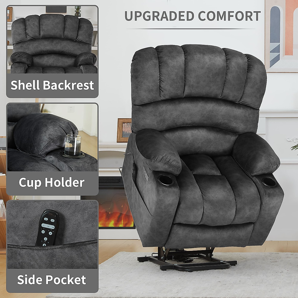 DURASPACE Power Lift Recliner Electric Lift Massage Recliner Chairs with Heat, Large Shell Velvet Backrest Lift Chair Recliners for Elderly, Seniors (Gray)