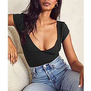 TiulZial Women's Sexy Backless Crop Tank Tops Deep V Neck Short Sleeve T-Shirts Slim Fit Y2K Tops Open Back Cami Tops Black,S