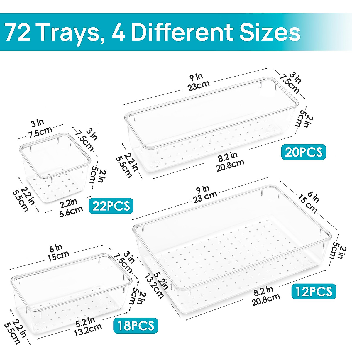Vtopmart 72 PCS Clear Plastic Drawer Organizers Set, 4-Size Versatile Bathroom and Vanity Drawer Organizer Trays, Non-Slip Storage Bins for Makeup, Jewelries, Kitchen Utensils and Office Desk