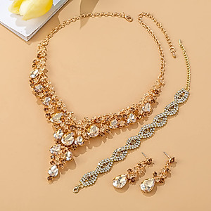 Paxuan Wedding Bridal Bridesmaid Austrian Crystal Rhinestone Jewelry Sets Statement Choker Necklace Earrings Bracelets Sets for Wedding Party Prom (Necklace + Earring + Bracelet (Champagne))