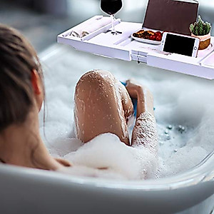 Cabot & Carlyle Luxury Bath Caddy Tray for Tub | Bath Table | Premium Bamboo Bathtub Tray for Tub | Fits All Bath Accessories Wine Glass, Books, Tablets, Cellphones, Shampoo | Bath Shelf Foldable
