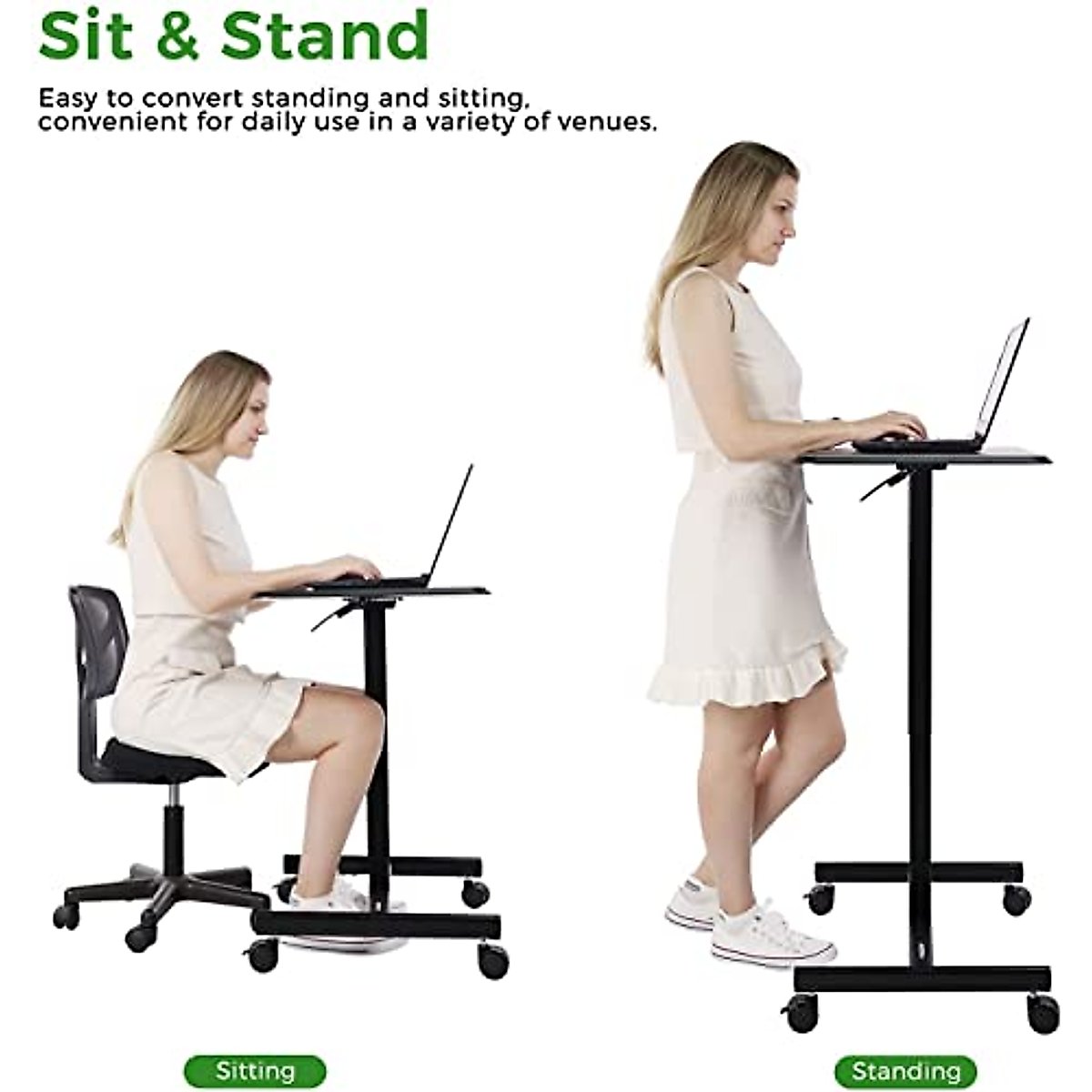 SMUGDESK.COM Mobile Laptop Desk Sit-Stand Desk Adjustable Height Laptop Desk Cart Ergonomic Table Small Standing Desk with Pneumatic Height Adjustments (Obsidian)