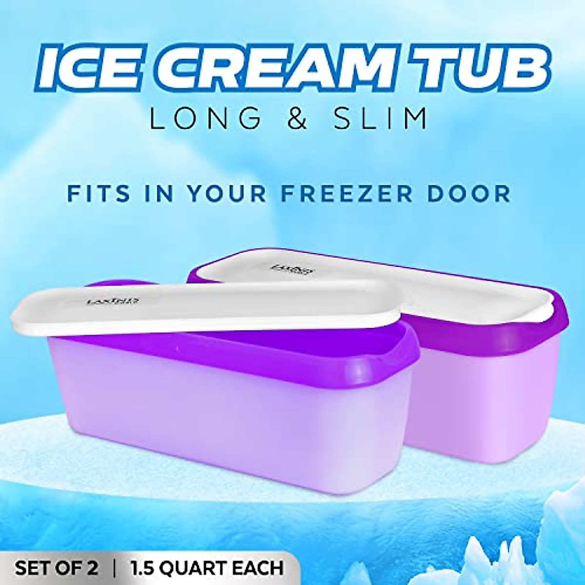 Laxinis World Ice Cream Containers – Pack of 2 Ice Cream Plastic Containers with lids, 1.5 Quarts, Reusable, with Non-slip Base (Purple)