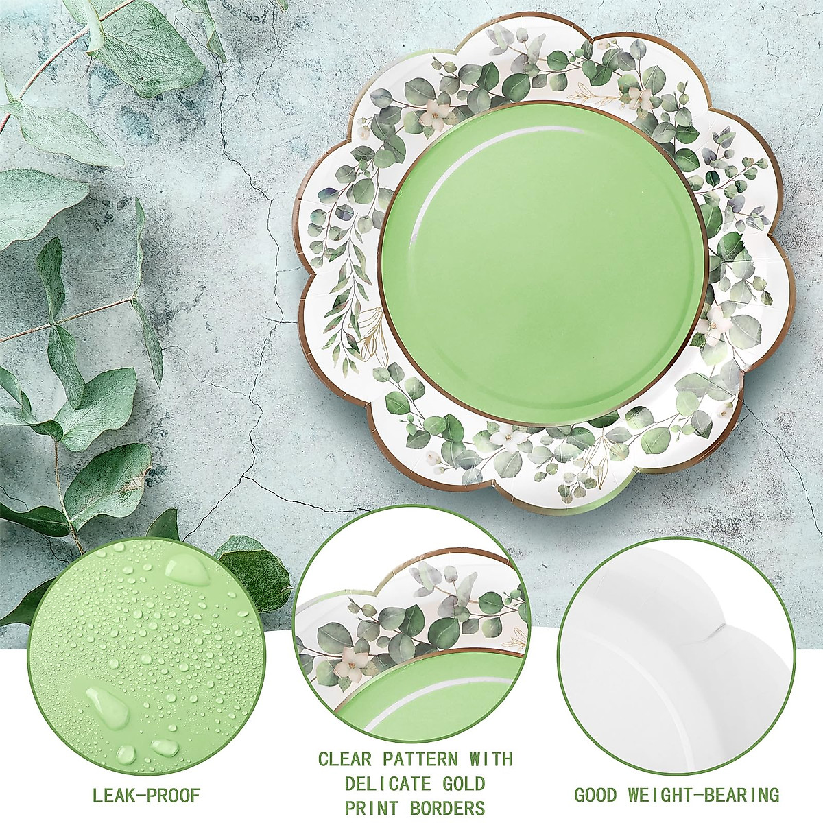 Suttmin Sage Green Paper Plates Sage Green Party Decorations Eucalyptus Disposable Dinner Plates 9 inch Greenery Floral Leaf for Bridal Shower Wedding Birthday(50 Pcs)