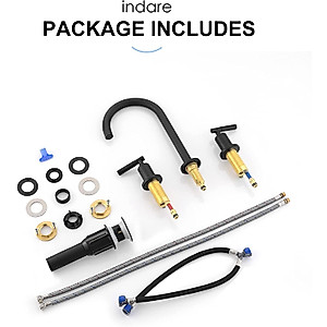 Matte Black Bathroom Faucet, Indare 360° Swivel Spout Two Handles Widespread 4 Inch 8Inch Brass Bathroom Sink Faucet 3 Hole with Pop-Up Drain and Water Supply Lines, Upgraded Style