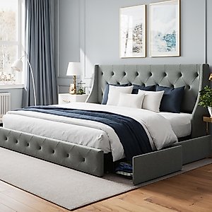 WEEWAY Upholstered Queen Size Bed Frame with 4 Storage Drawers and Wingback Headboard, Button Tufted Design, No Box Spring Needed, Easy Assembly, Light Grey