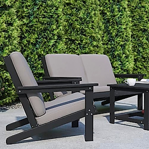 Flash Furniture Charlestown Adirondack Style Deep Seat Patio Club Chair with Cushions - Black Poly Resin Frame - Cream All-Weather Cushions - Indoor/Outdoor