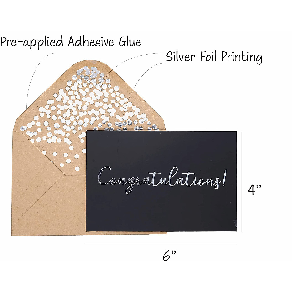Congratulations Card – 50 Pack Matte Finish Black Greeting Cards With ‘’Congratulations’’ Embossed In Silver Foil Letters – For Engagement, Graduation, Wedding 52 Gold Foil Confetti Kraft Envelopes
