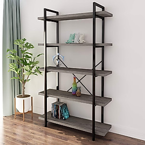 45MinST 5-Tier Vintage Industrial Style Bookcase/Metal and Wood Bookshelf Furniture for Collection, Gray Oak, 3/4/5 Tier (5-Tier)