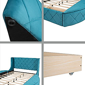 Velvet Upholstered Queen Platform Bed with Storage, Queen Size Bed Frame with Headboard, 1 Big Drawer and 2 Side Storage Stool, Strong Wooden Slats/Easy Assembly/Blue