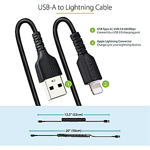 StarTech.com 50cm (20in) USB to Lightning Cable, MFi Certified, Coiled iPhone Charger Cable, Black, Durable TPE Jacket Aramid Fiber, Heavy Duty Coil Lightning Cable (RUSB2ALT50CMBC)