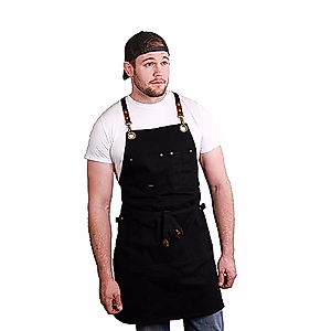 Caldo Canvas Kitchen Apron for Cooking - Mens and Womens Canvas Apron for Professional Chef, Server, or Barista- Adjustable with Pockets (Black)