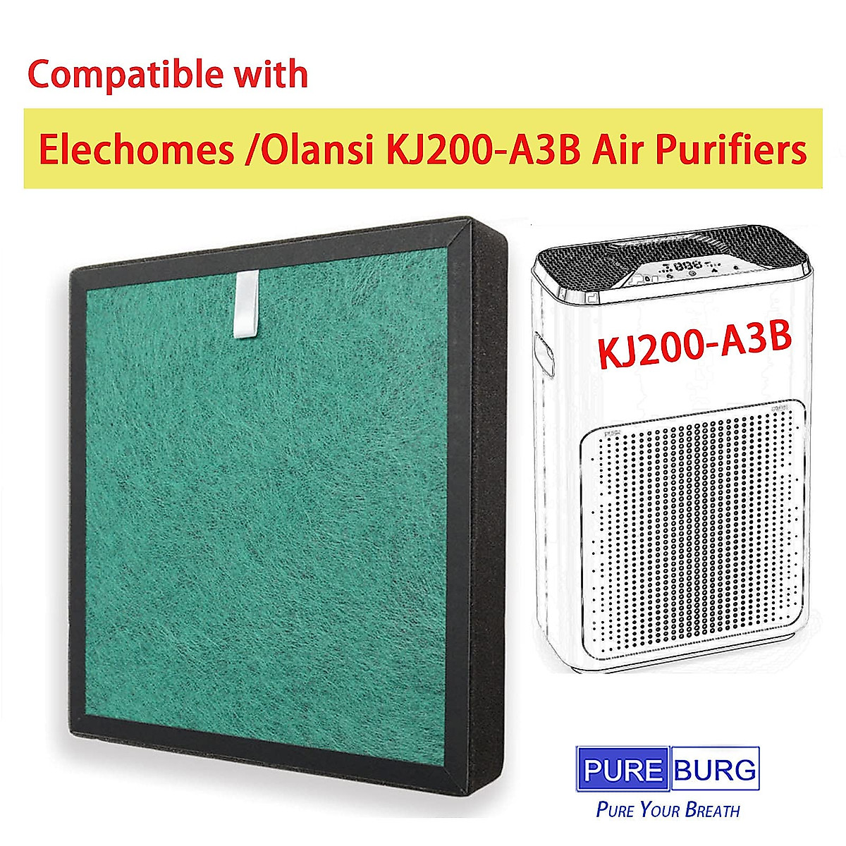 PUREBURG Replacement FIlter Compatible with Elechomes A3B, A3B WIFI,Olansi KJ200-A3B Air Purifier & Habitat 280a(e) Air Purifier,2-Pack H13 4-Stage Filtration
