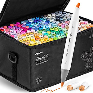 Ohuhu Alcohol Art Markers Set, 216-color Double Tipped Brush & Chisel Sketch Marker, Alcohol-based Brush Markers, Comes w/ 1 Blender for Sketching, Adult Coloring, and Illustration -Honolulu Series