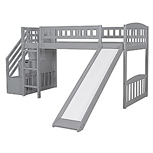 HABUHOME Twin Size Low Loft Bed with Convertible Slide, Stairs with Two Drawers, Stairway Loftbed Frame, for Kids Boys Girls, Gray