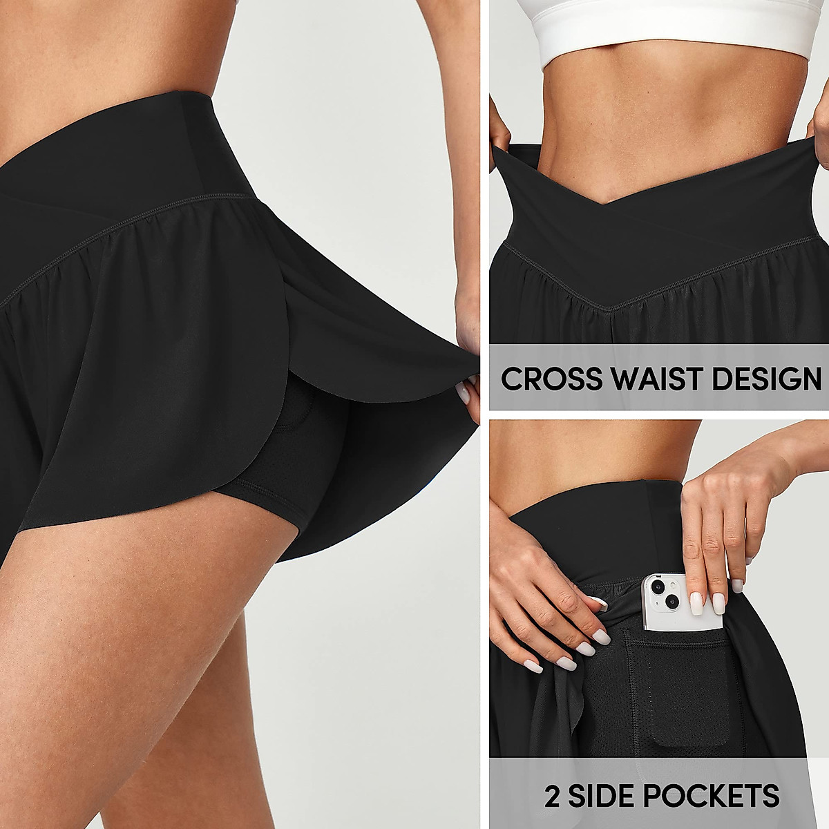 IUGA Athletic Shorts for Women Butterfly Shorts High Waisted Flowy Running Shorts 2 in 1 Crossover Preppy Clothes Skorts Black