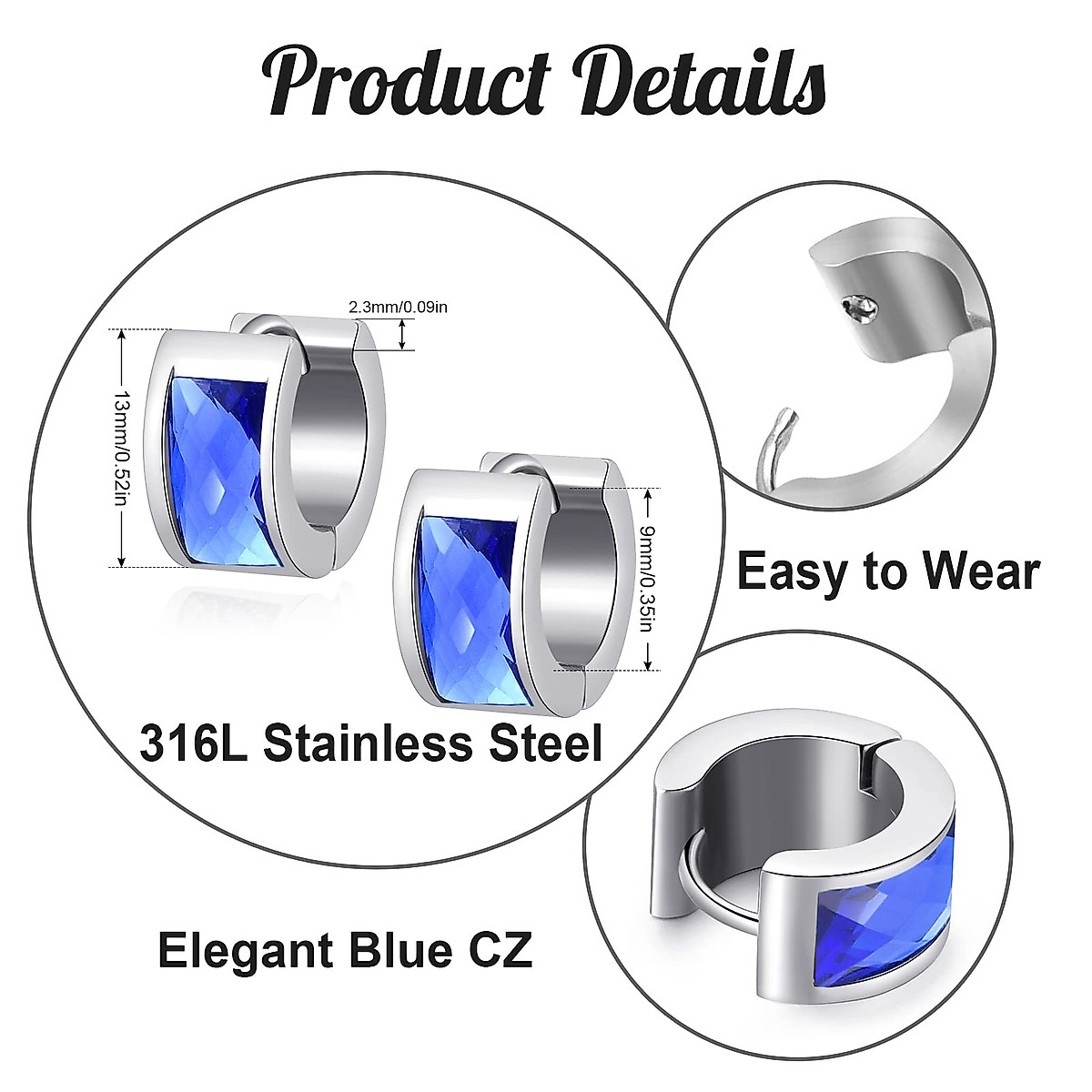 Ritach Stainless Steel Hoop Earrings for Men Blue CZ