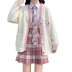 Womens Kawaii Rabbit Knit Sweater Cute Cardigan Aesthetic for Teen Girls Cosplay Y2k Anime Japanese JK School Uniform Jacket Beige