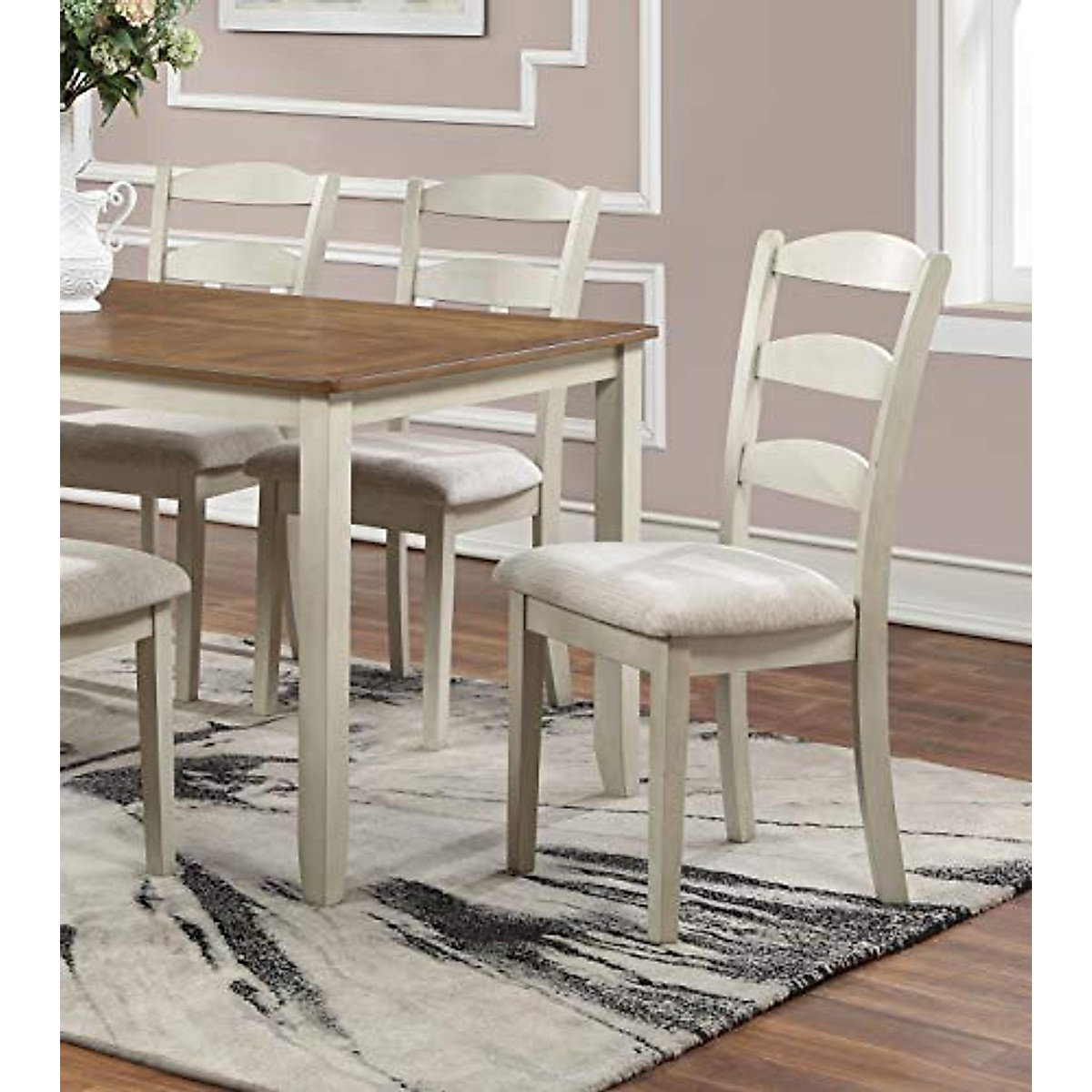 OSP Home Furnishings West Lake Dining Table Set, 7-Piece, Antique Tobacco Finish Top and Cream Base with Linen Fabric